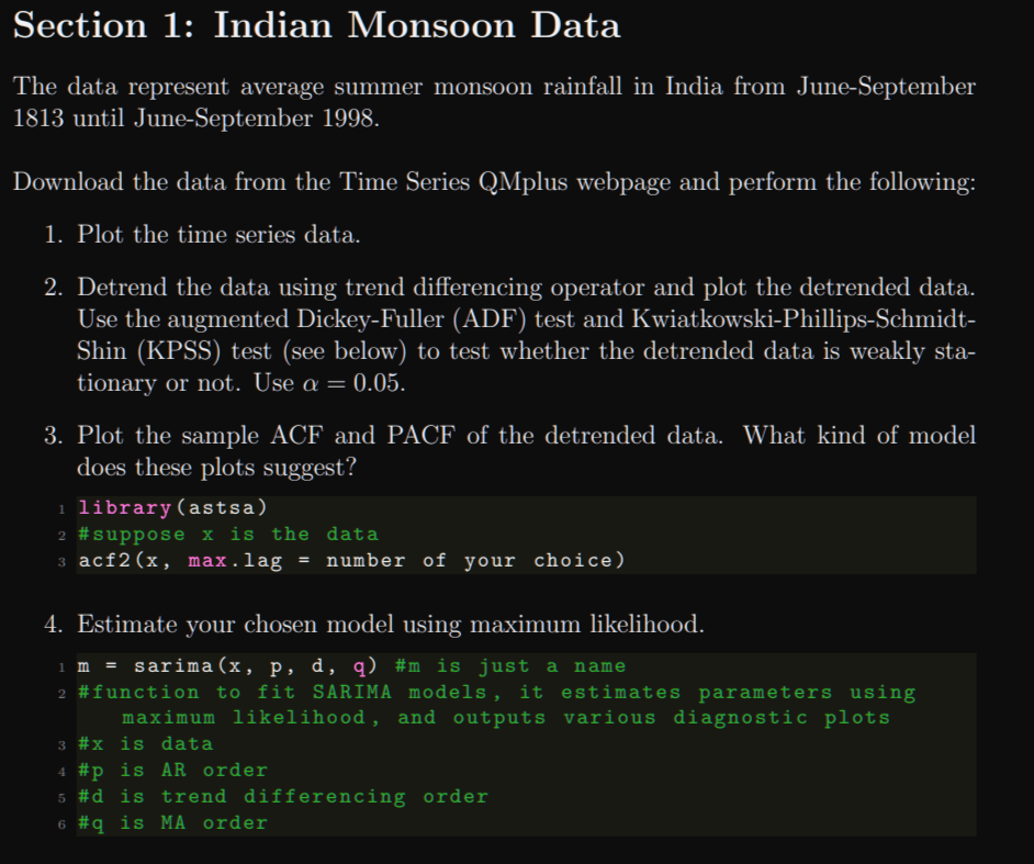 Section 1: Indian Monsoon Data The data represent | Chegg.com