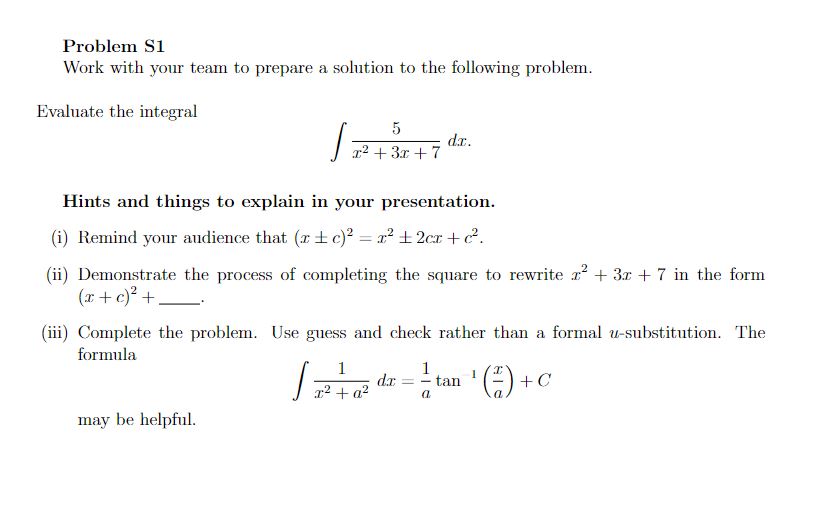 Solved Problem S1Work with your team to prepare a solution | Chegg.com