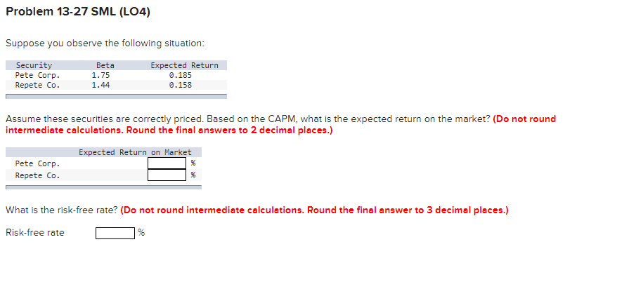 Solved Problem 13-27 SML (LO4)Suppose you observe the | Chegg.com Solved Problem 13-27 SML (LO4)Suppose you observe the | Chegg.com