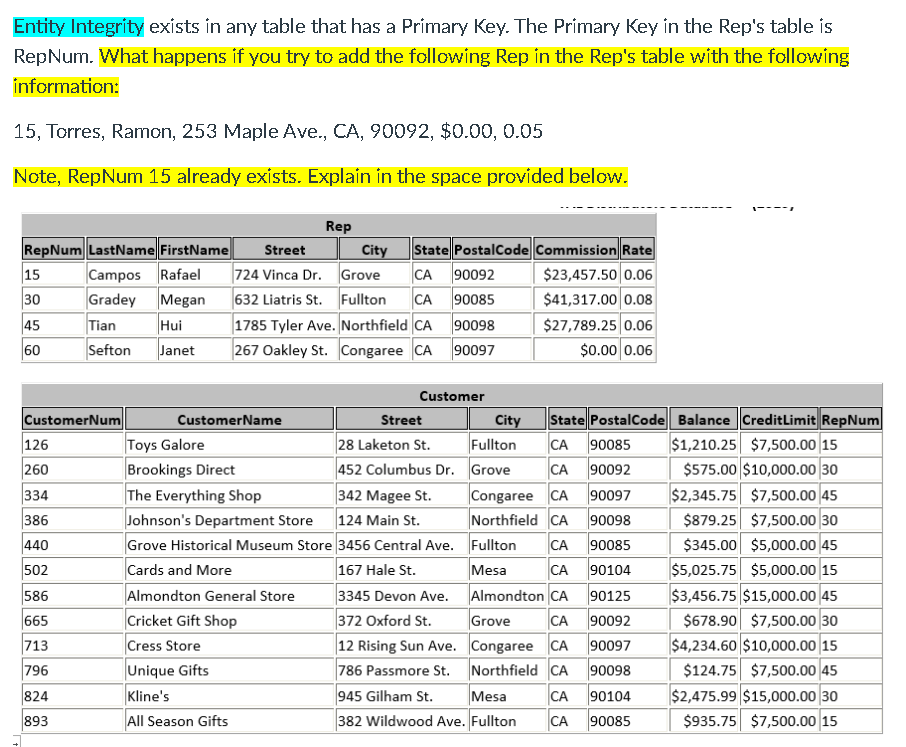 Solved Entity Integrity exists in any table that has a | Chegg.com