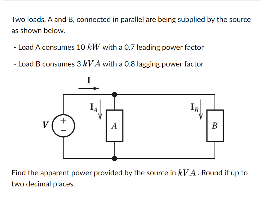 Solved Two loads, A and B, ﻿connected in parallel are being | Chegg.com