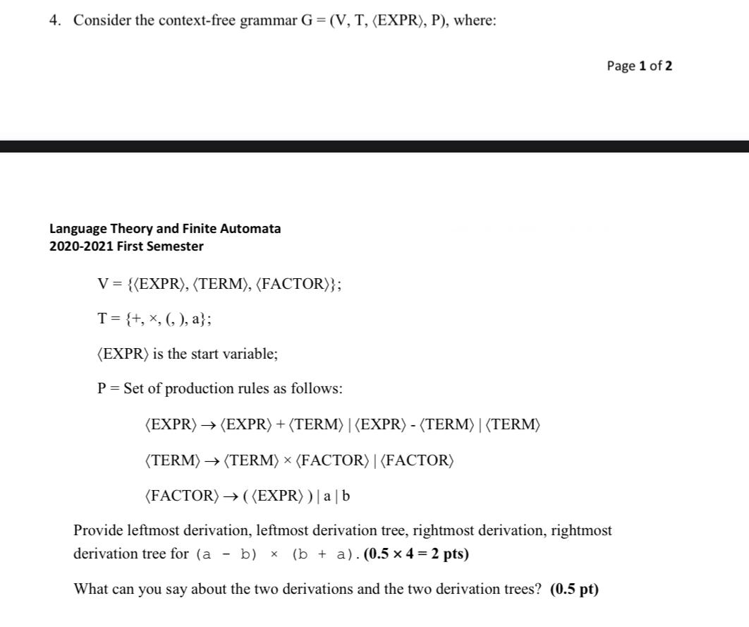 Solved 4. Consider the context-free grammar G=(V, T, (EXPR), | Chegg.com