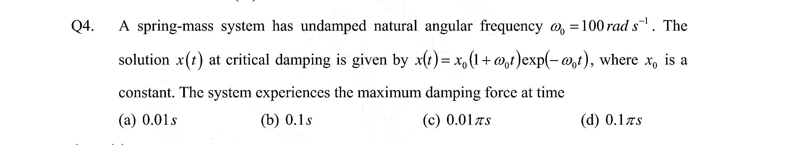 Solved Q4. A spring-mass system has undamped natural angular | Chegg.com