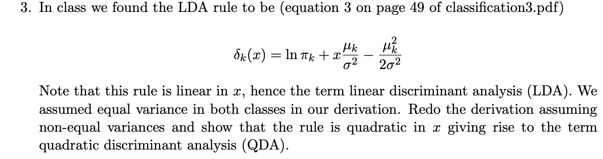 3. In class we found the LDA rule to be (equation 3 | Chegg.com
