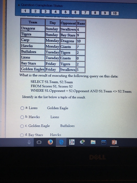 Solved Question Completion Status Team Day opponent Runs | Chegg.com