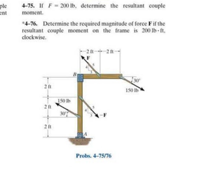 Solved 4-75. I F 200lb, determine the resultant couple ple | Chegg.com