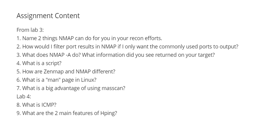 Solved Assignment ContentFrom lab 3:Name 2 ﻿things NMAP can | Chegg.com