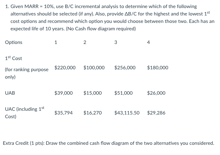 1. Given MARR = 10%, use B/C incremental analysis to | Chegg.com