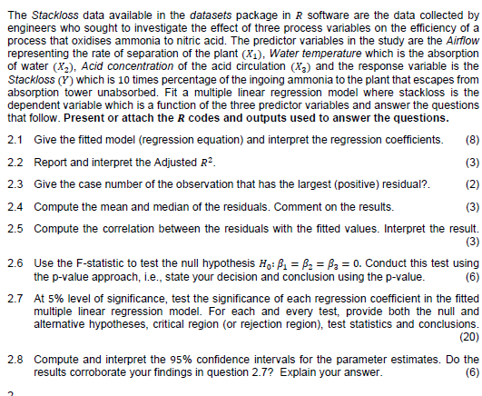Solved The Stackloss data available in the datasets package | Chegg.com