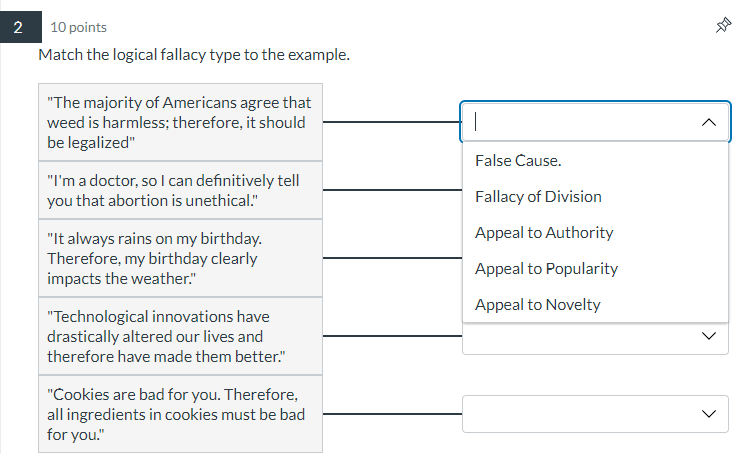 Match the logical fallacy type to the example. | Chegg.com