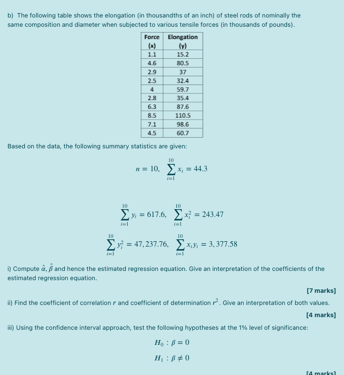Solved b) The following table shows the elongation (in | Chegg.com