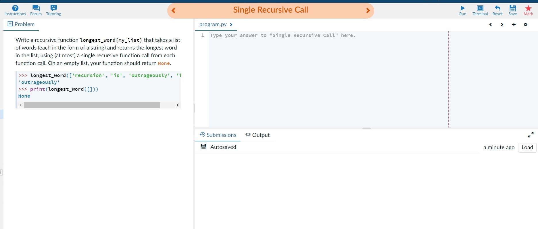 Solved Single Recursive Call Instructions Forum Tutoring Run | Chegg.com