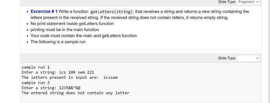 Solved - Excercise #1 Write a function getLetters(string) | Chegg.com