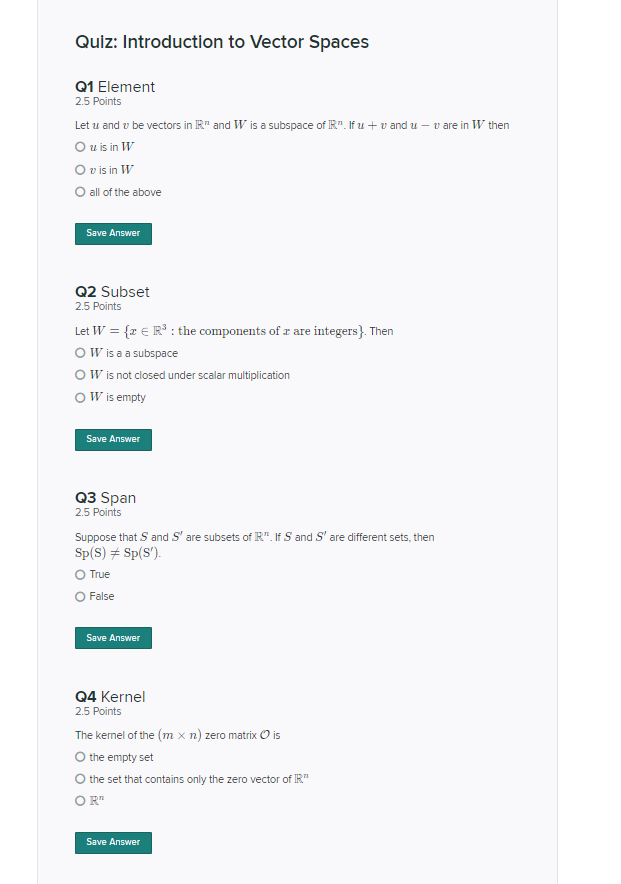 Solved Quiz: Introduction to Vector Spaces Q1 Element 2.5 | Chegg.com