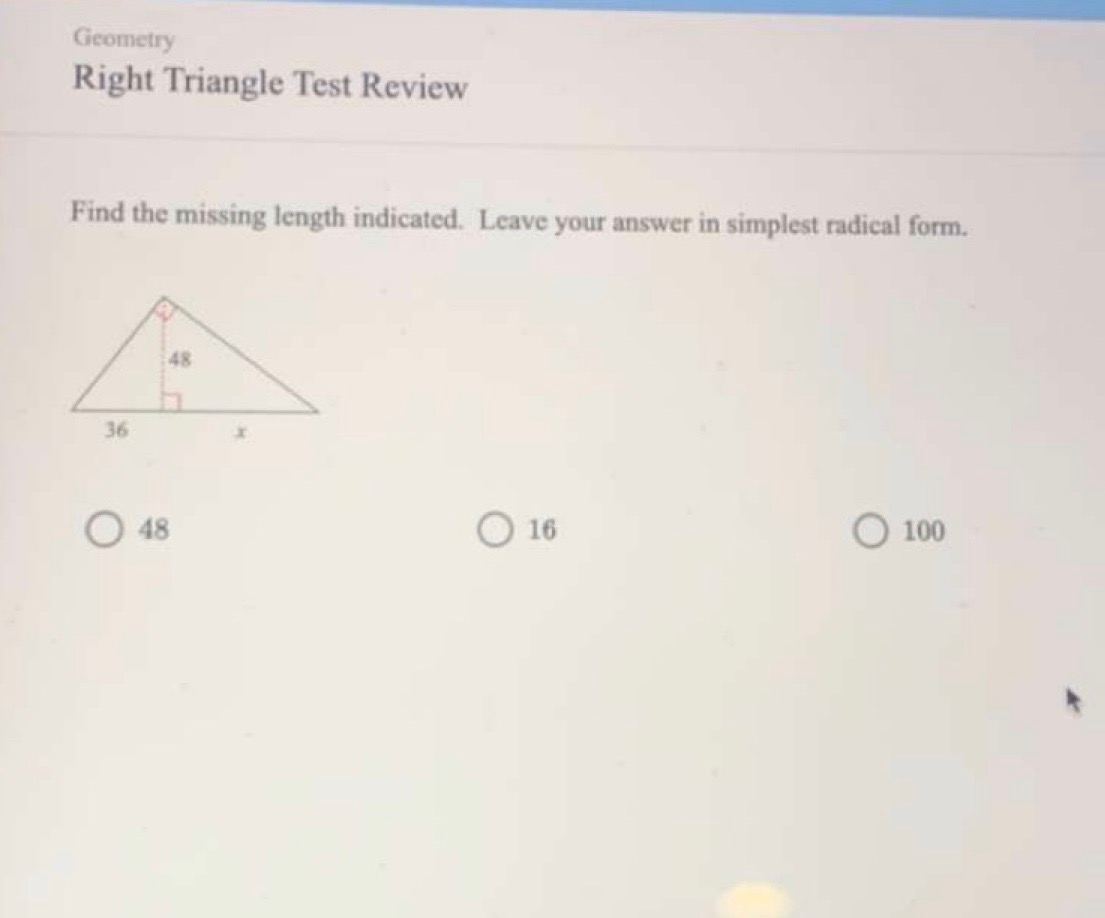 Solved Geometry Right Triangle Test Review Find the missing | Chegg.com