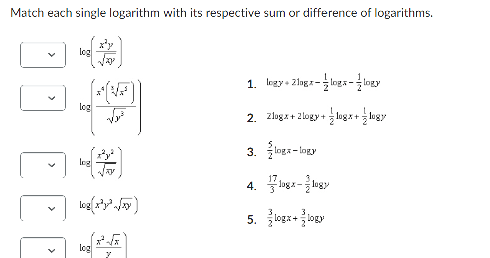 Solved Match each single logarithm with its respective sum | Chegg.com