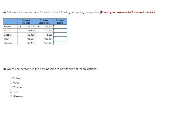 Solved (a) Calculate the current ratio for each of the | Chegg.com