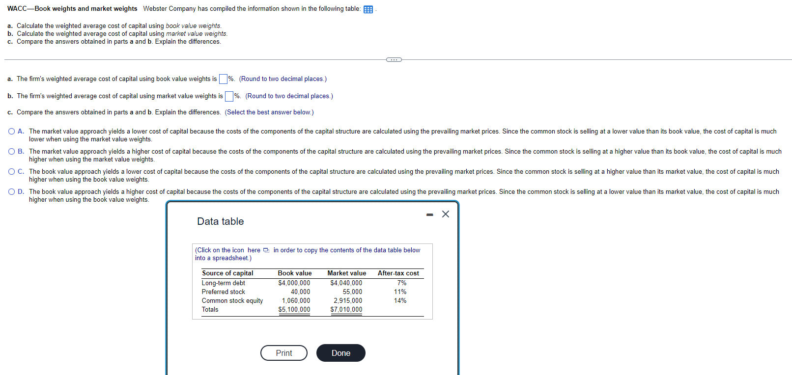 Solved WACC-Book weights and market weights Webster Company | Chegg.com