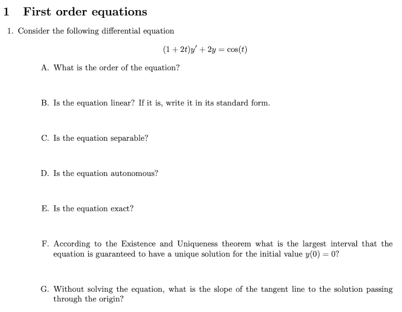 Solved 1 ﻿First order equations1. ﻿Consider the following | Chegg.com