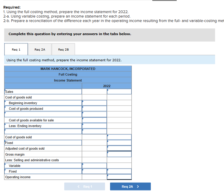 Solved Requlred: 1. Using the full costing method, prepare | Chegg.com