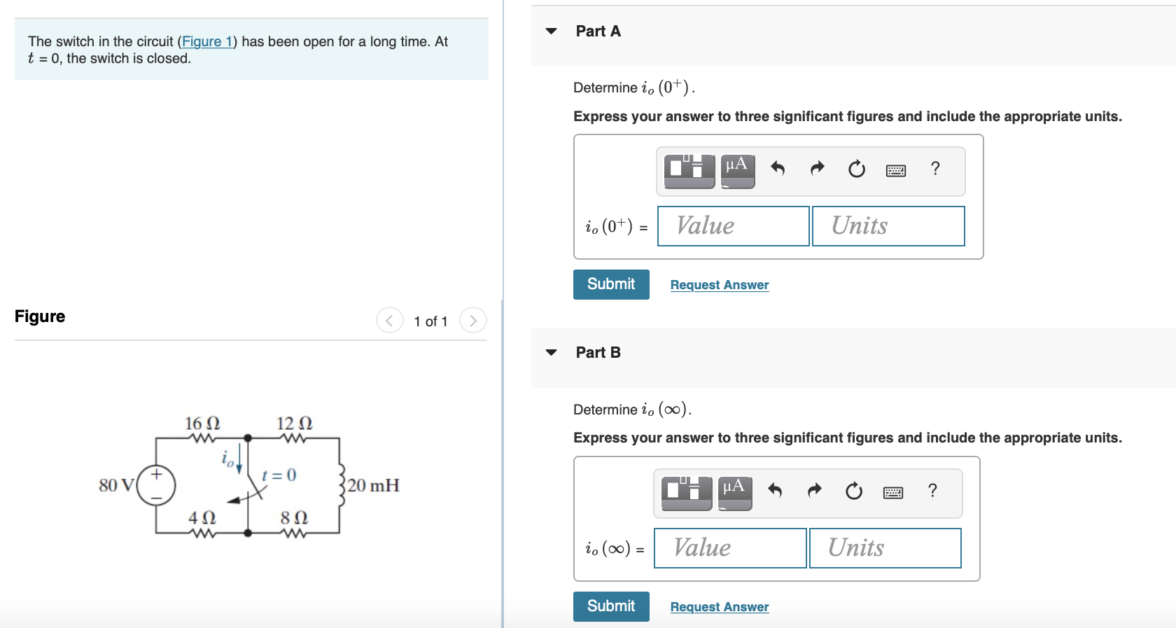 Solved The switch in the circuit (Figure 1) has been open | Chegg.com