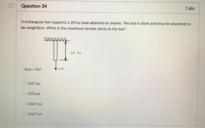 Solved D Question 34 1 pts A rectangular bar supports a 20 | Chegg.com