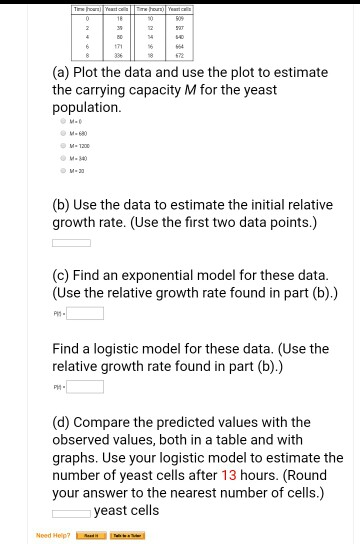 Solved The table gives the number of yeast cells in a new | Chegg.com