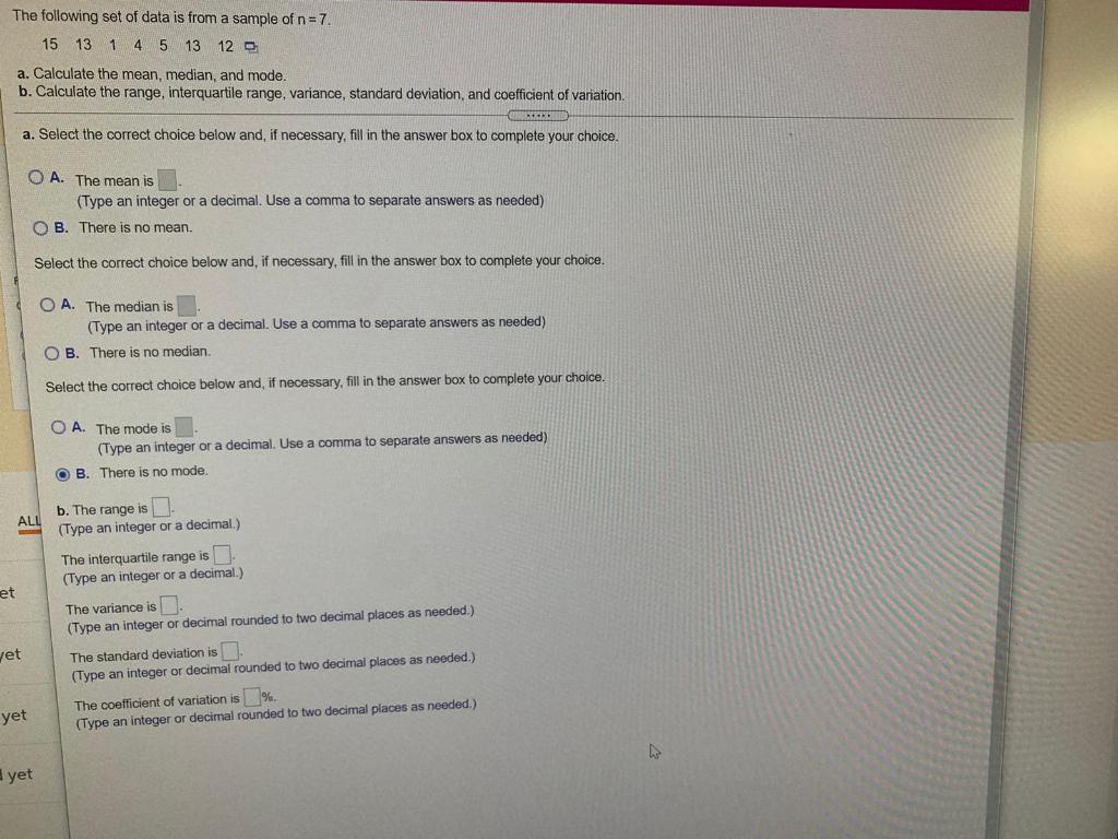 Solved The following set of data is from a sample of n = 7 | Chegg.com