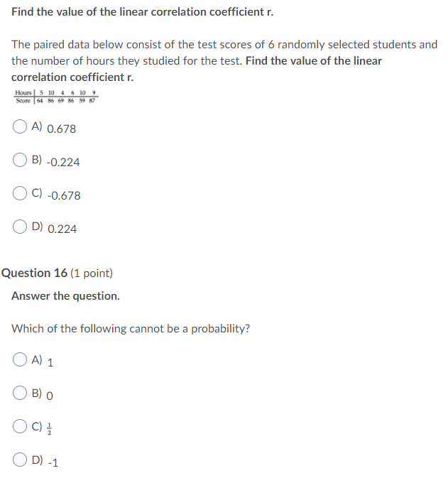 Solved Find the value of the linear correlation coefficient | Chegg.com