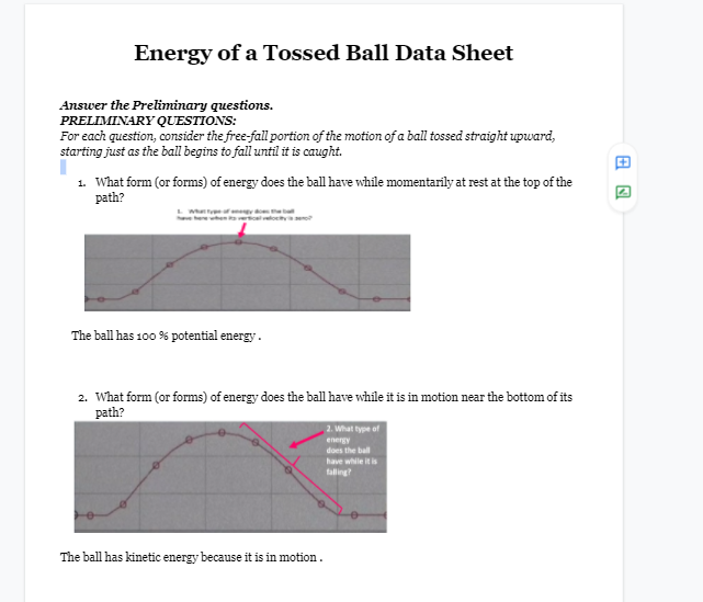 Energy of a Tossed Ball Data Sheet Answer the | Chegg.com