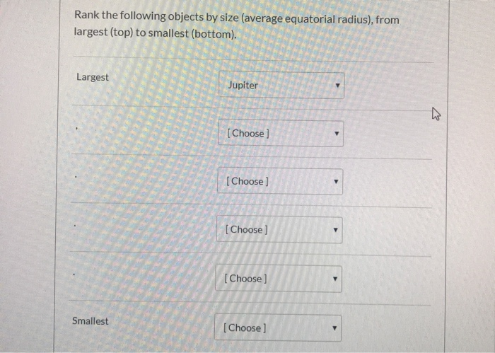 Solved Rank the following objects by size (average | Chegg.com