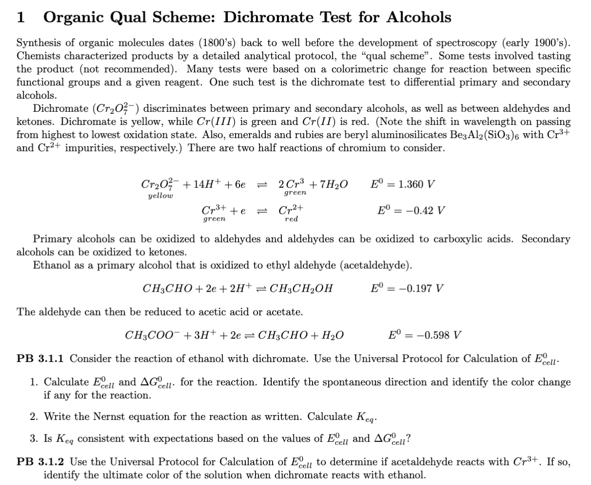 Solved 1 Organic Qual Scheme: Dichromate Test for Alcohols | Chegg.com