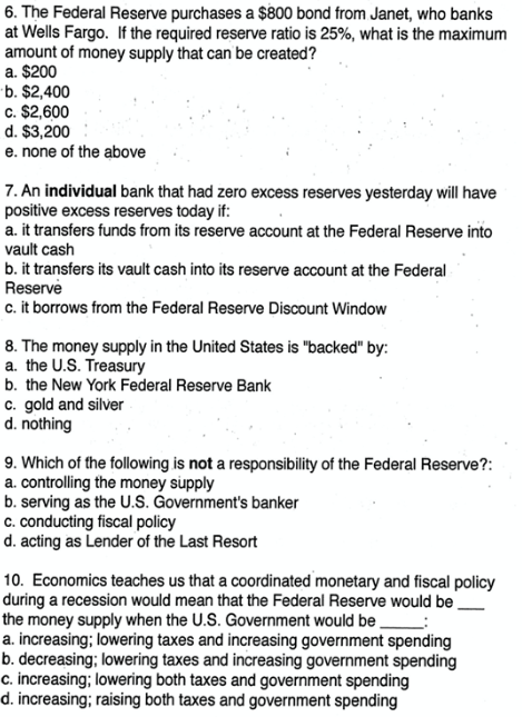 Solved 6. The Federal Reserve purchases a $800 bond from | Chegg.com