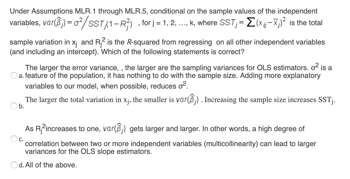 Solved Under Assumptions MLR.1 through MLR.5, conditional on | Chegg.com