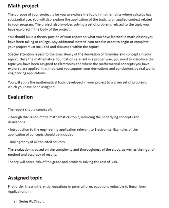 Math project The purpose of your project is for you | Chegg.com
