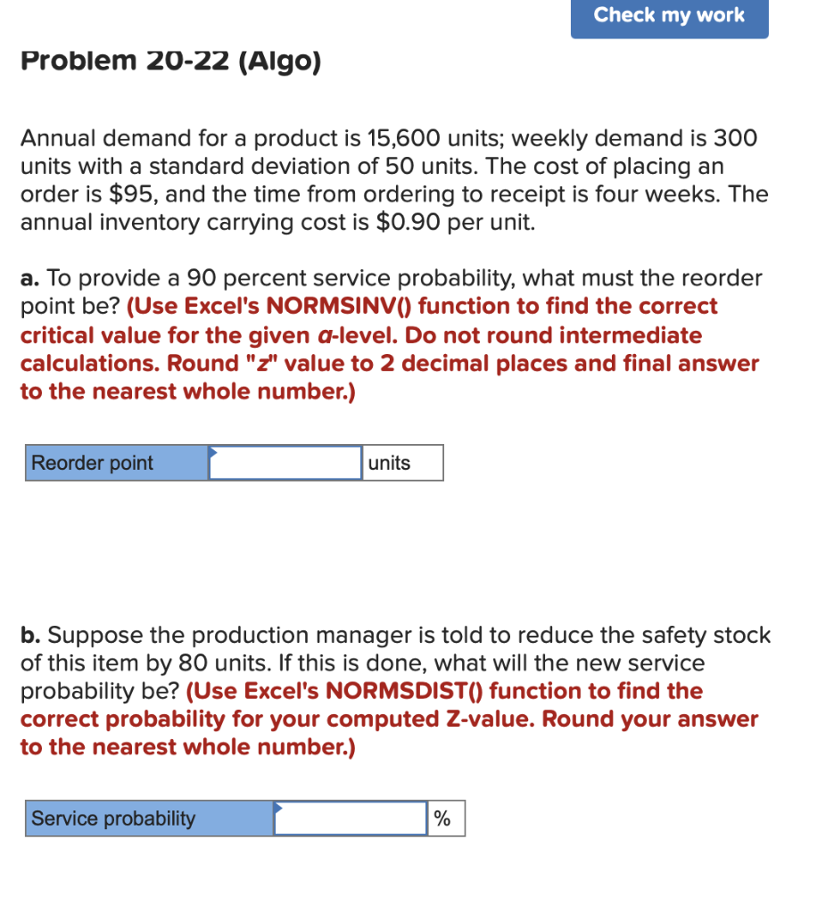 Solved Check my work Problem 20-22 (Algo) Annual demand for | Chegg.com