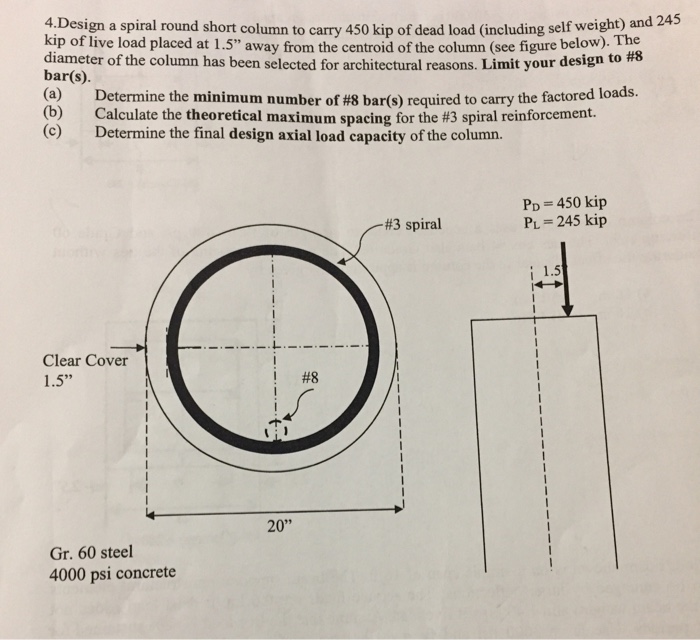 Solved Design a spiral round short column to carry 450 kip | Chegg.com