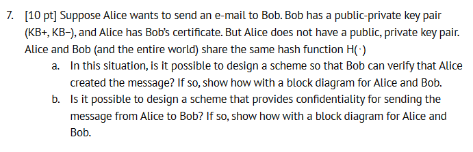 Solved 7. [10 pt] Suppose Alice wants to send an e-mail to | Chegg.com