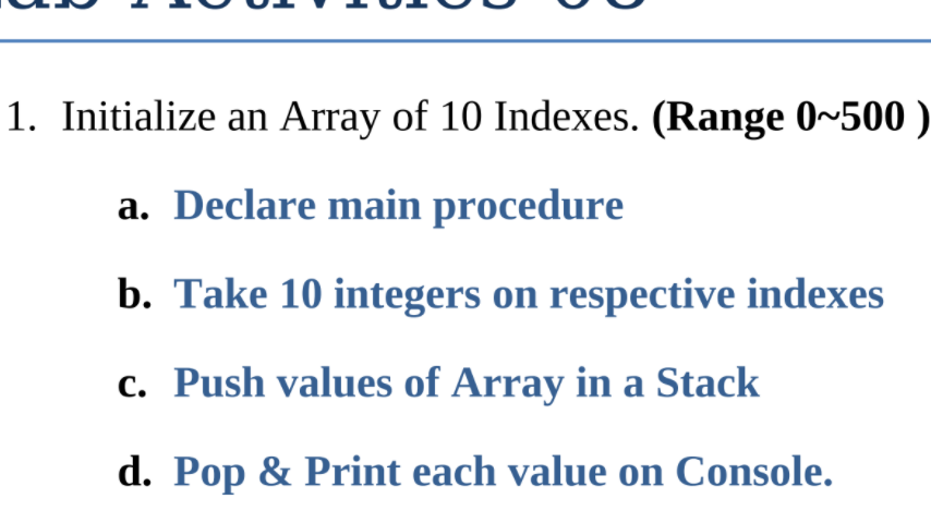 Solved 1. Initialize an Array of 10 Indexes. (Range 0~500 ) | Chegg.com