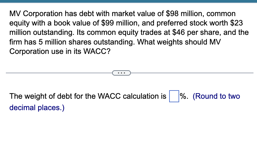 Solved The weight of debt for the WACC calculation | Chegg.com