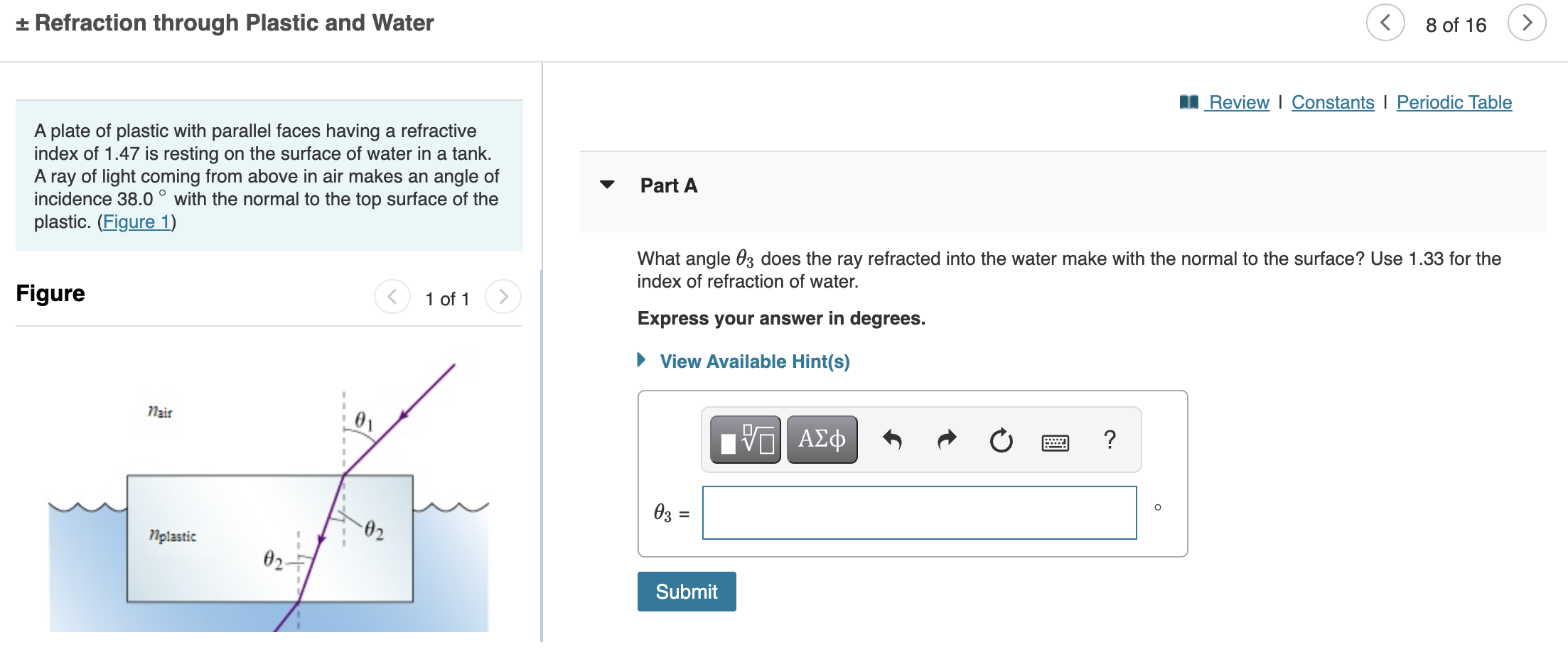 Solved ± Refraction through Plastic and Water | Chegg.com