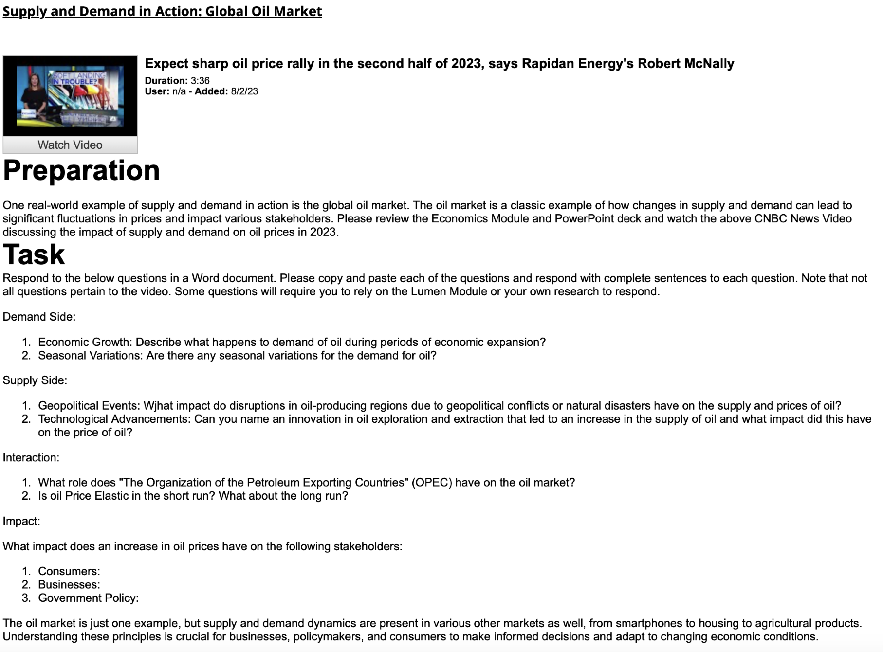 Solved Supply and Demand in Action: Global Oil Market Expect | Chegg.com