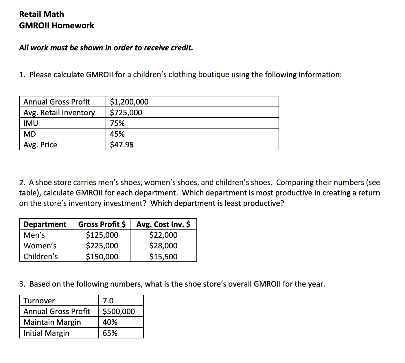Solved Retail MathGMROII HomeworkAll work must be shown in | Chegg.com