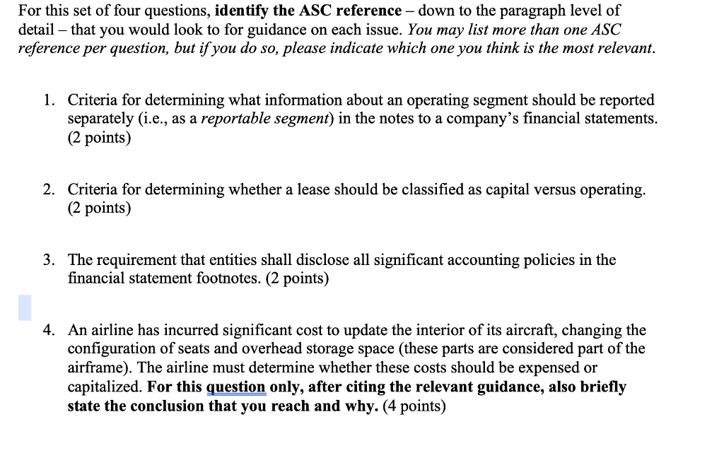 For this set of four questions, identify the ASC | Chegg.com