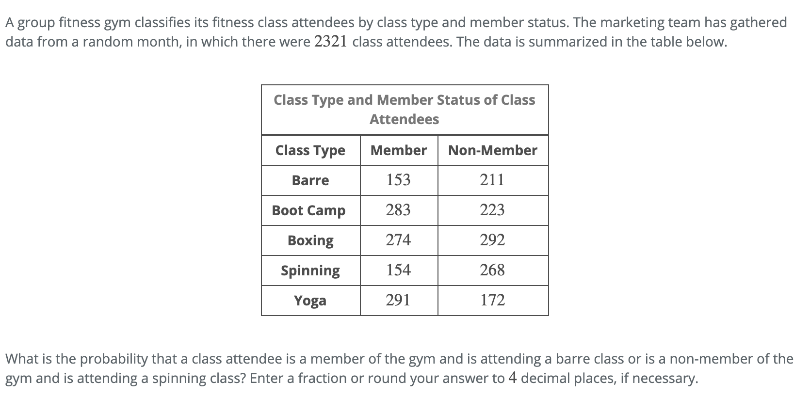Solved A group fitness gym classifies its fitness class | Chegg.com