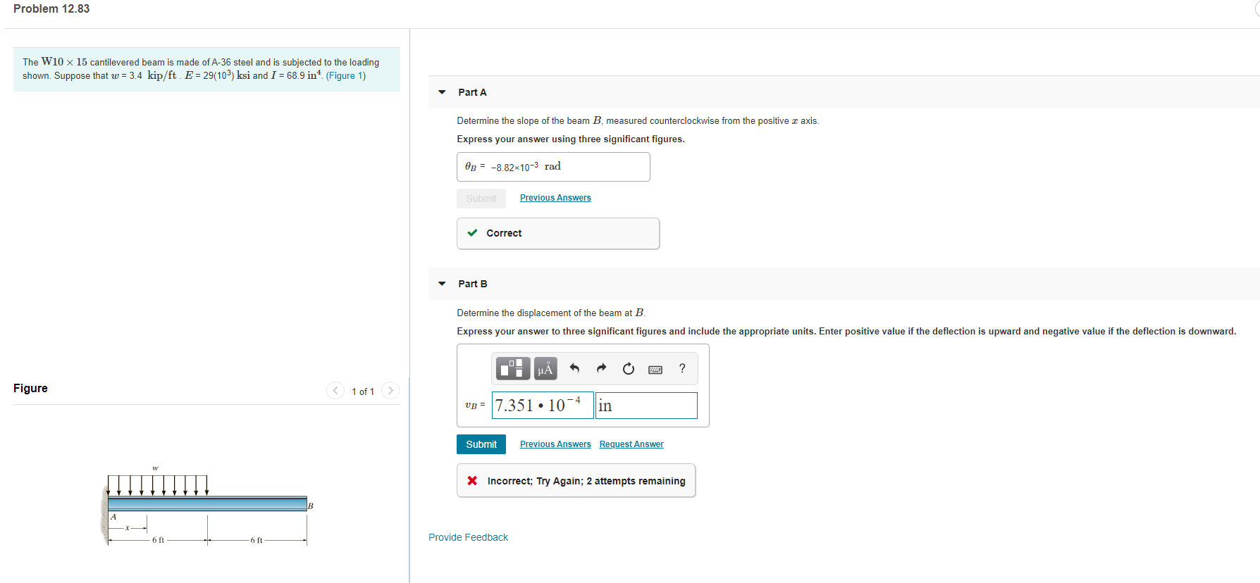 Solved Problem 12.83 The W10 x 15 cantilevered beam is made | Chegg.com
