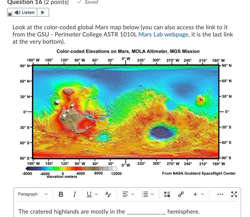 Solved Look at the color-coded global Mars map below (you | Chegg.com