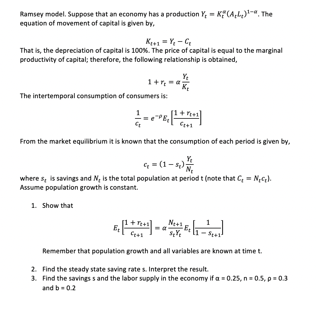 Ramsey model. Suppose that an economy has a | Chegg.com