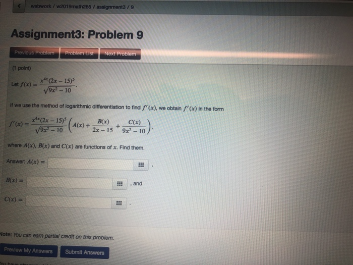 Solved webwork / w2019math265/ assignment3/9 Assignment3: | Chegg.com