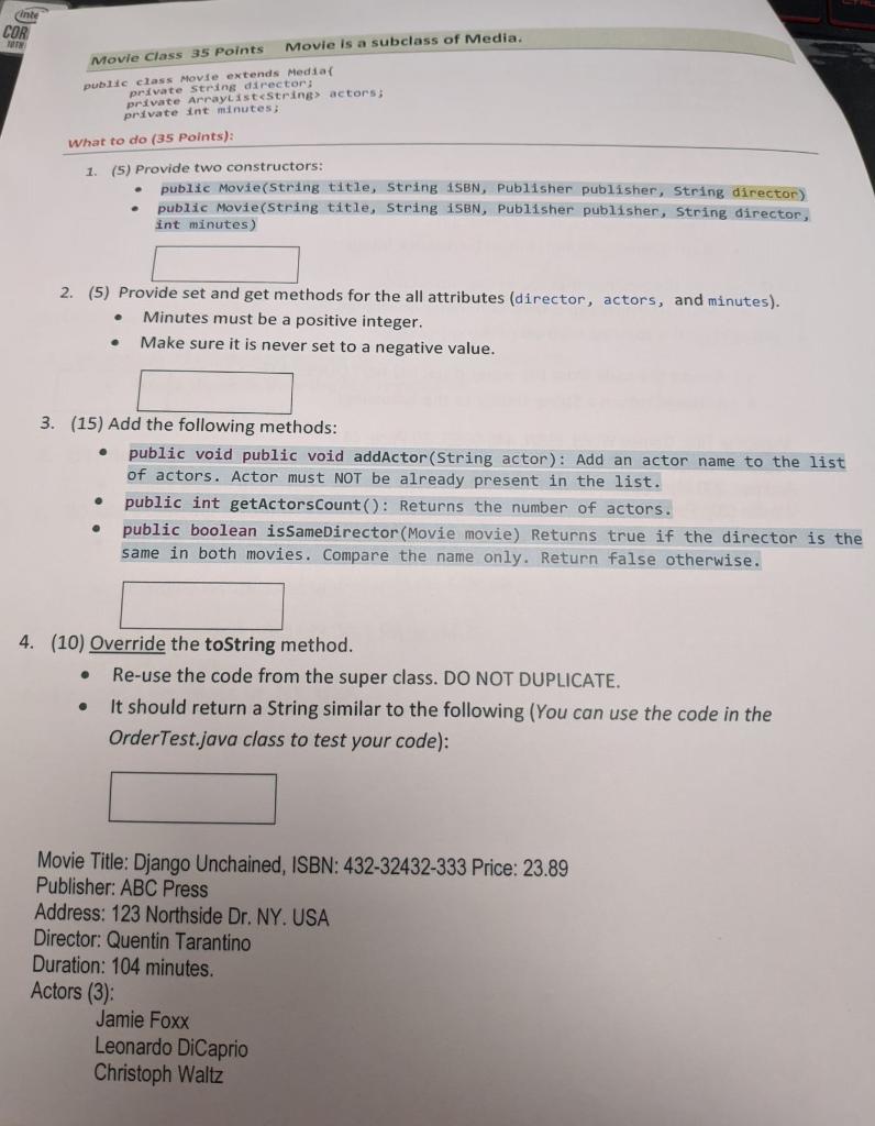 Solved Cinta COR Movie Class 35 Points Movie is a subclass | Chegg.com